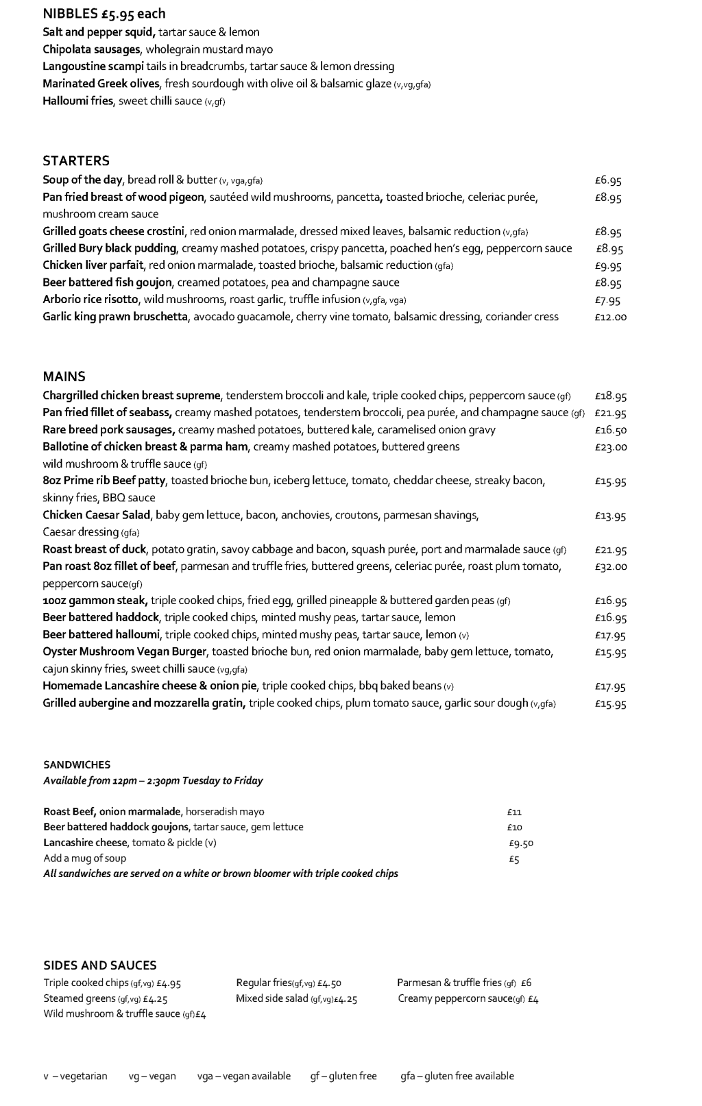 À la Carte menu – The Goose & Gander